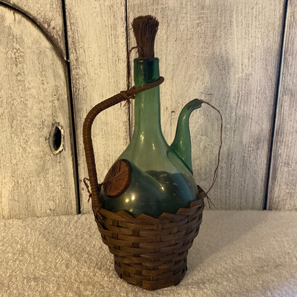 None | Accents | Vintage Green Glass Wine Jug Rattan Wicker Decanter ...